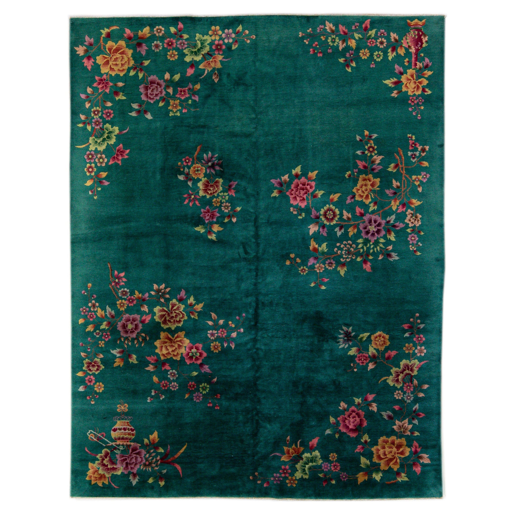 Antique Green Art Deco Chinese Wool Rug For Sale at 1stDibs