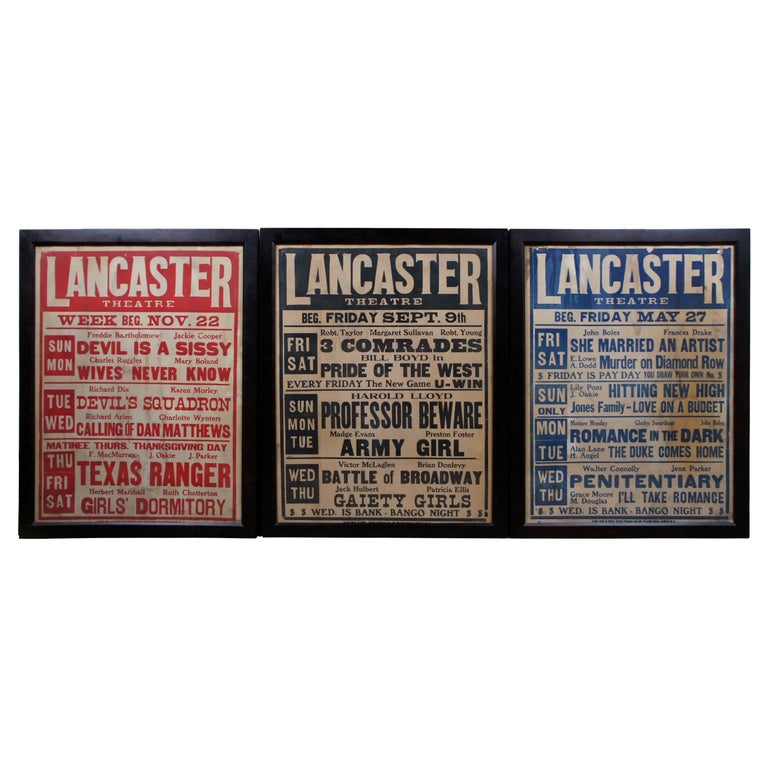 3 Antique 1930s Lancaster Theatre Movie Marquee Posters Signs Theater ...