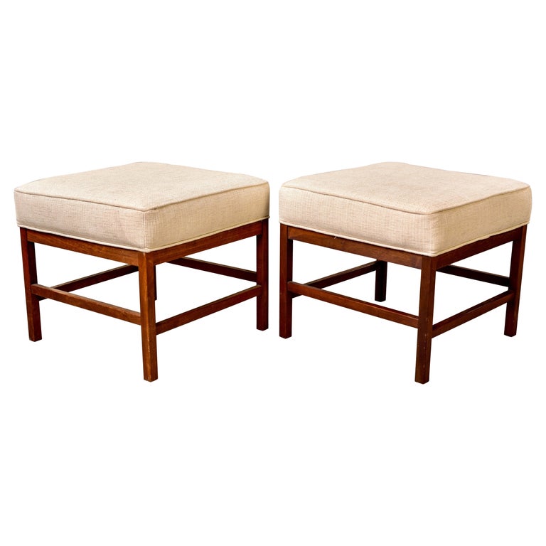 Pair Mid Century Richardson Nemschoff Upholstered Stools with Walnut ...