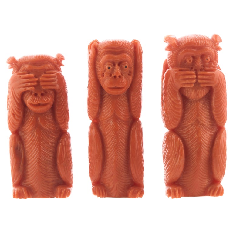 Natural Red Coral Monkeys Statuettes Carved Asian Decorative Art ...