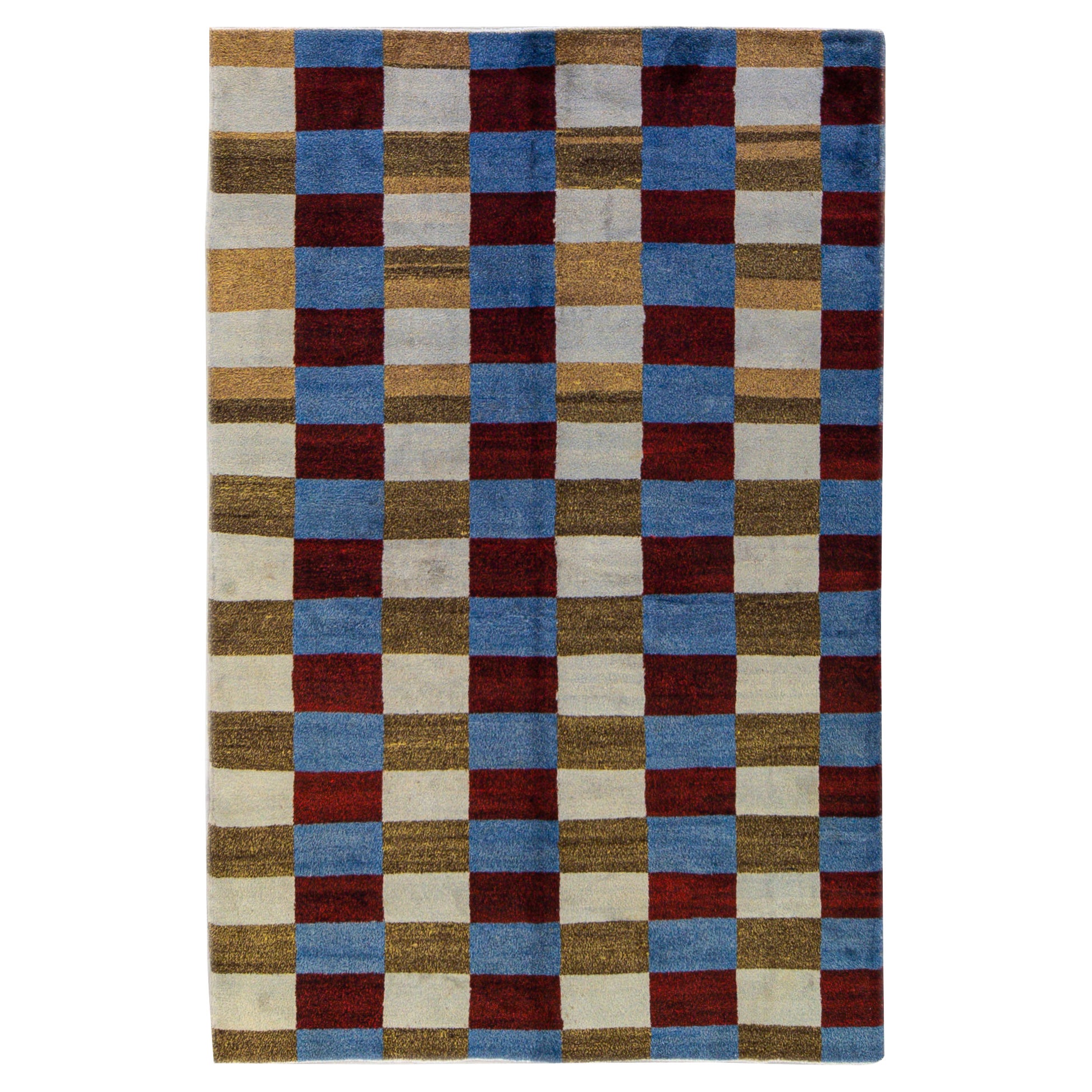 Vintage Turkish Deco Handmade Multicolor Checkered Pattern Wool Rug at ...