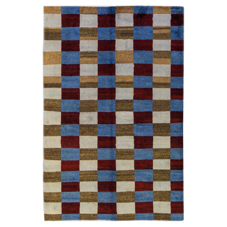 Vintage Turkish Deco Handmade Multicolor Checkered Pattern Wool Rug at ...