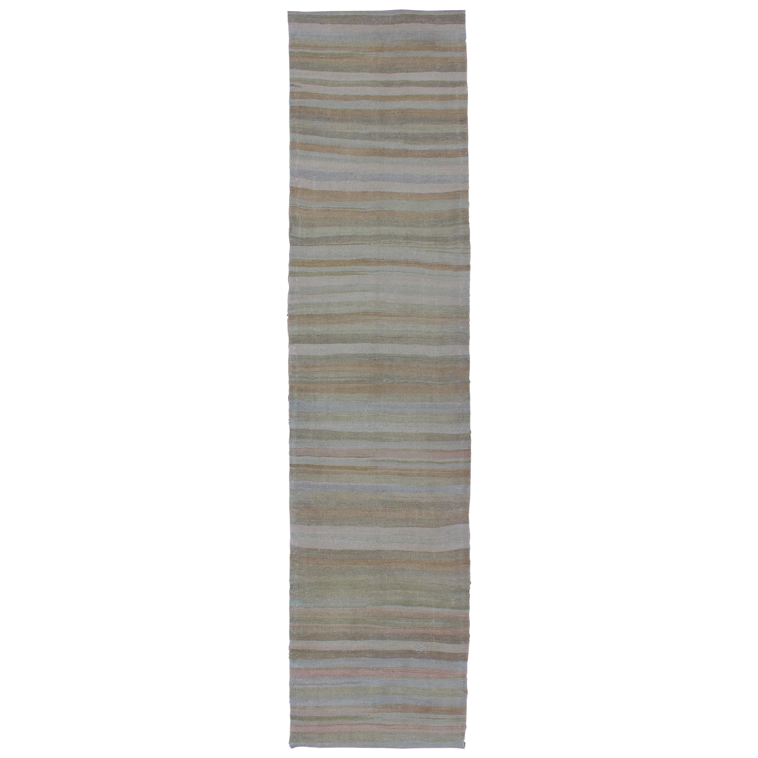 Striped Flat-Weave Vintage Turkish Kilim Gallery Runner For Sale at 1stDibs