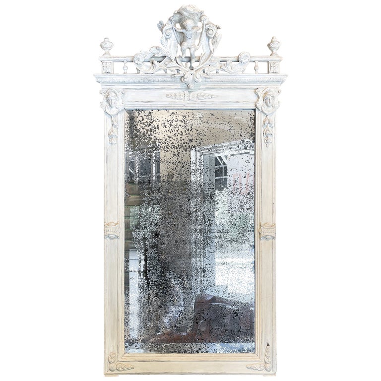 Antique French Carved Mirror with Distressed Beveled Glass in White ...