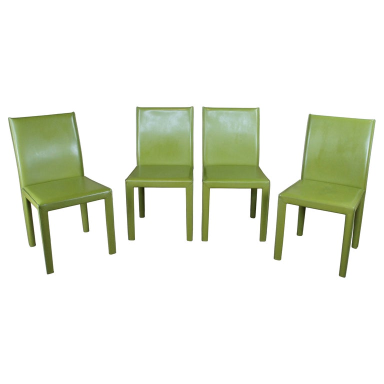 4 Vintage Maria Yee Green Leather Modern Side Dining Chairs Minimalist ...