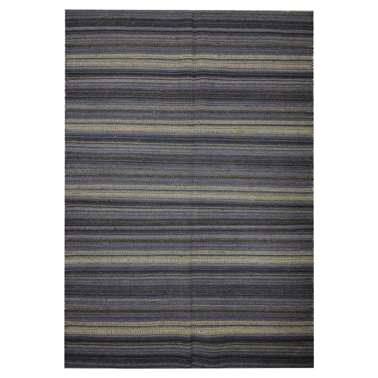 Blue Striped Rug Kilim Area Rug Handwoven Modern Carpet Wool Rug ...