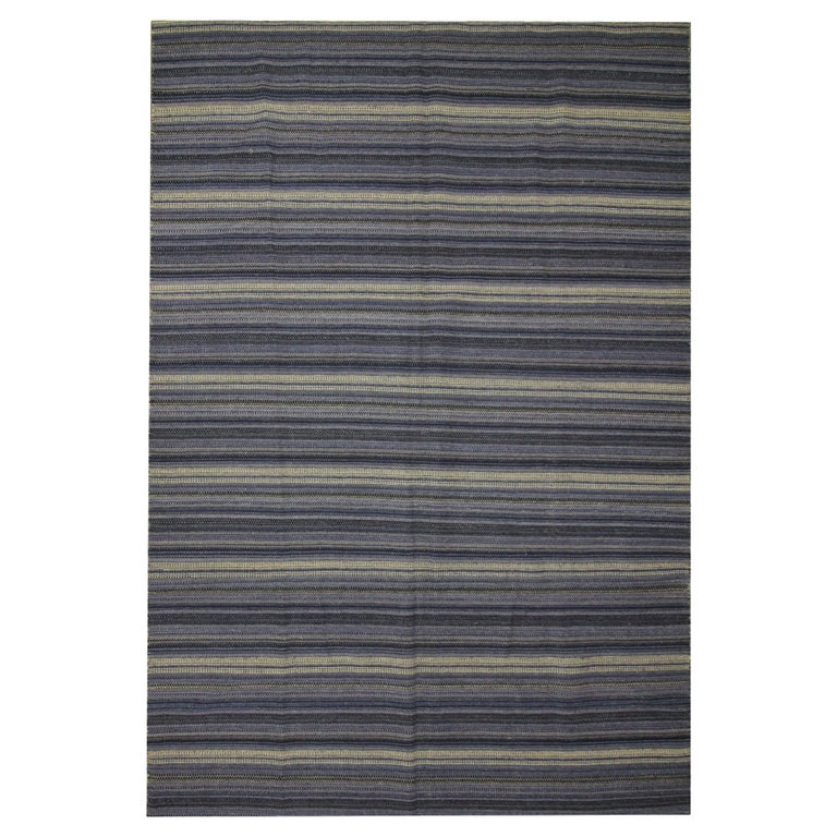 Modern Kilim Rug Blue Wool Carpet Striped Rug Kilim Flat-Woven Area Rug ...