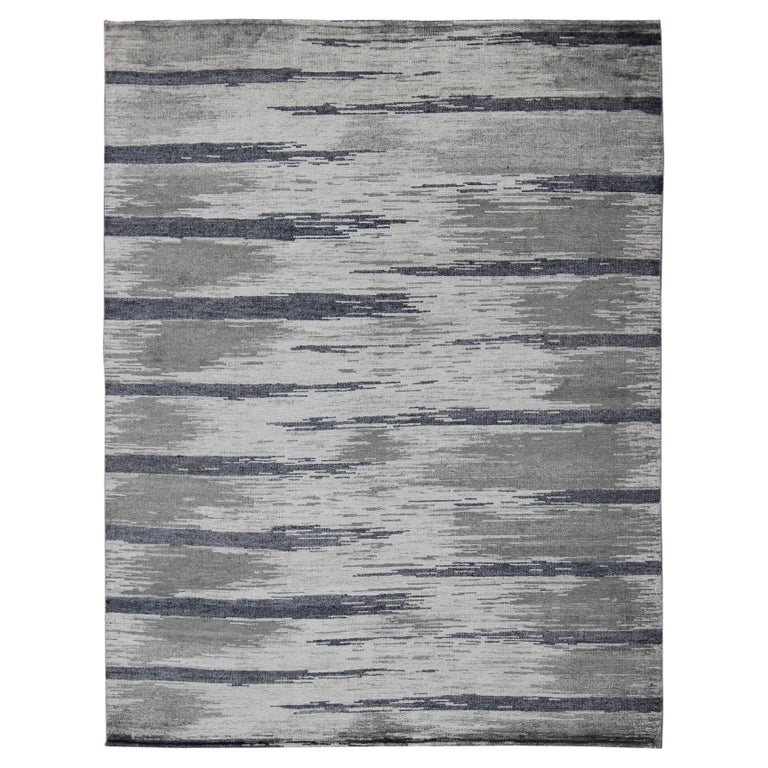 Modern Silk Rug With Grey Blue, Steel Blue, Grey and Taupe in Tiger ...