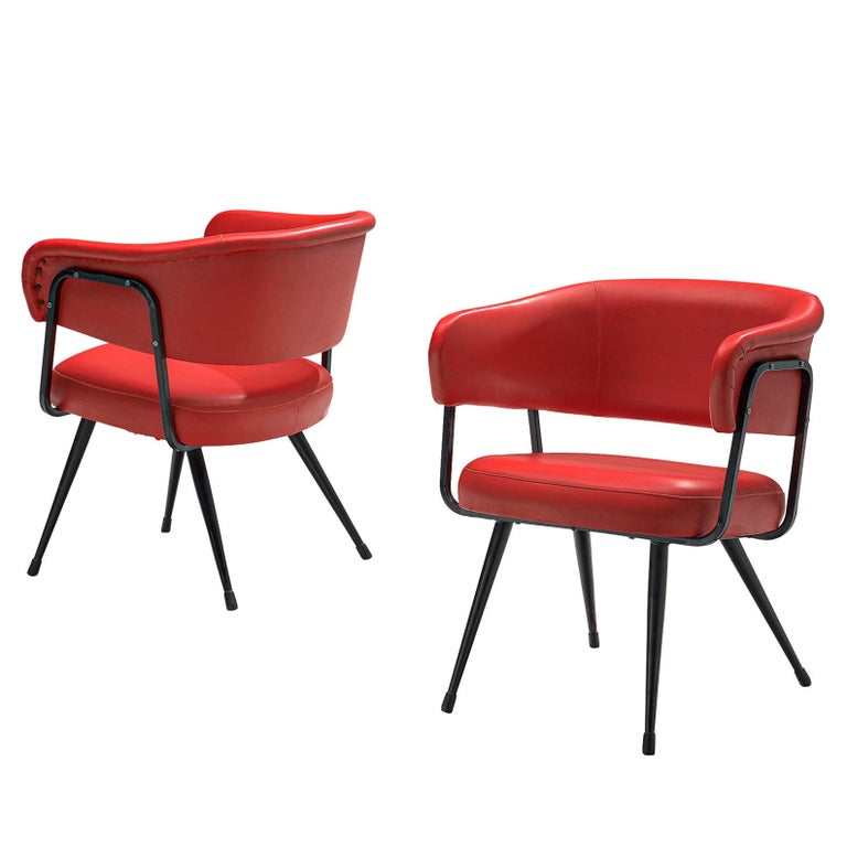 Italian Dining Chairs in Metal and Red Leatherette For Sale at 1stDibs