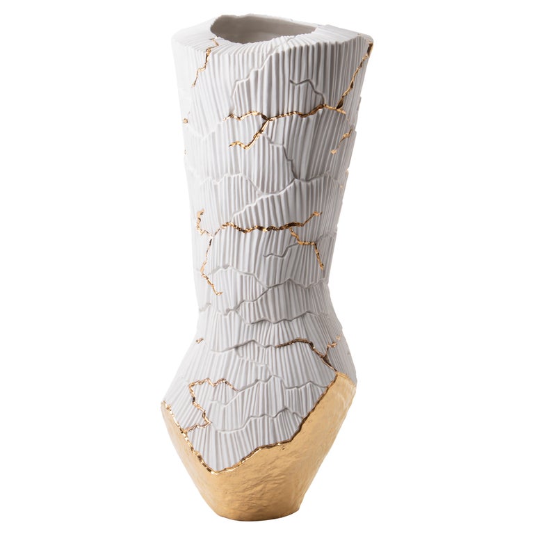 Contemporary Porcelain Tall Vase Gold Kintsugi White Ceramic Hand ...