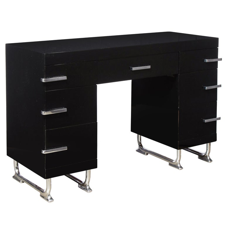 Art Deco Machine Age Black Lacquer Desk with Streamlined Chrome Pulls ...