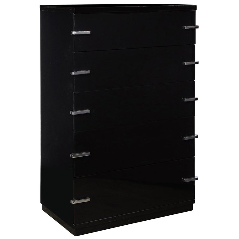Art Deco Machine Age Black Lacquer High Chest with Streamlined Chrome ...