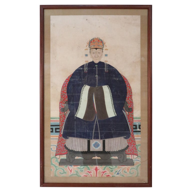 Framed Chinese Pen and Ink Ancestor in Navy Robes Portrait For Sale at ...
