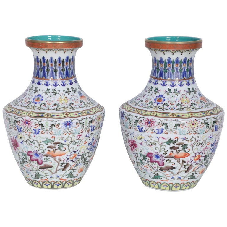Pair of Chinese Multi-Color Pattern Porcelain Vases For Sale at 1stDibs