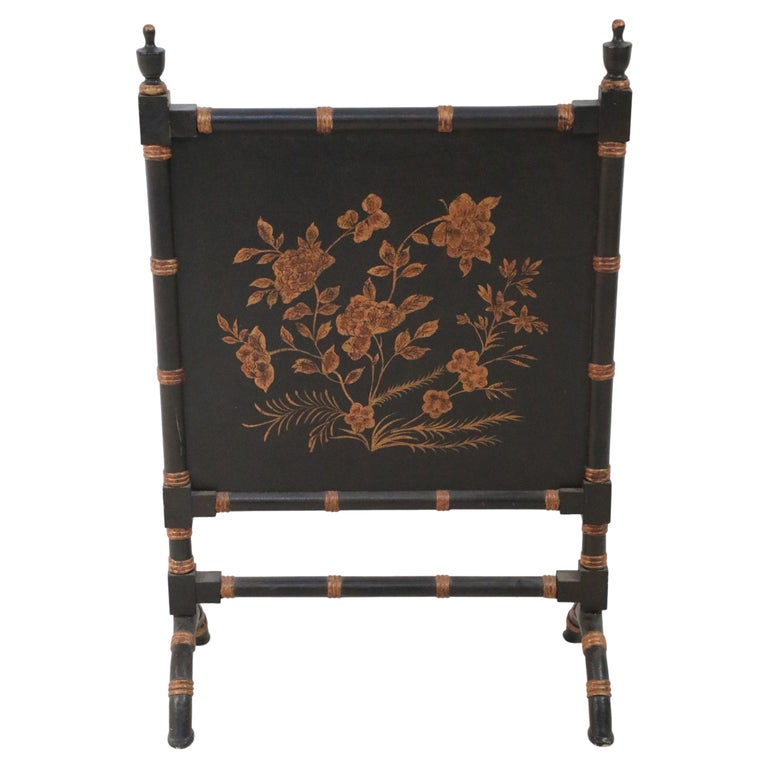 Chinese Black Painted Faux Bamboo and Gold Florals Fireplace Screen For ...