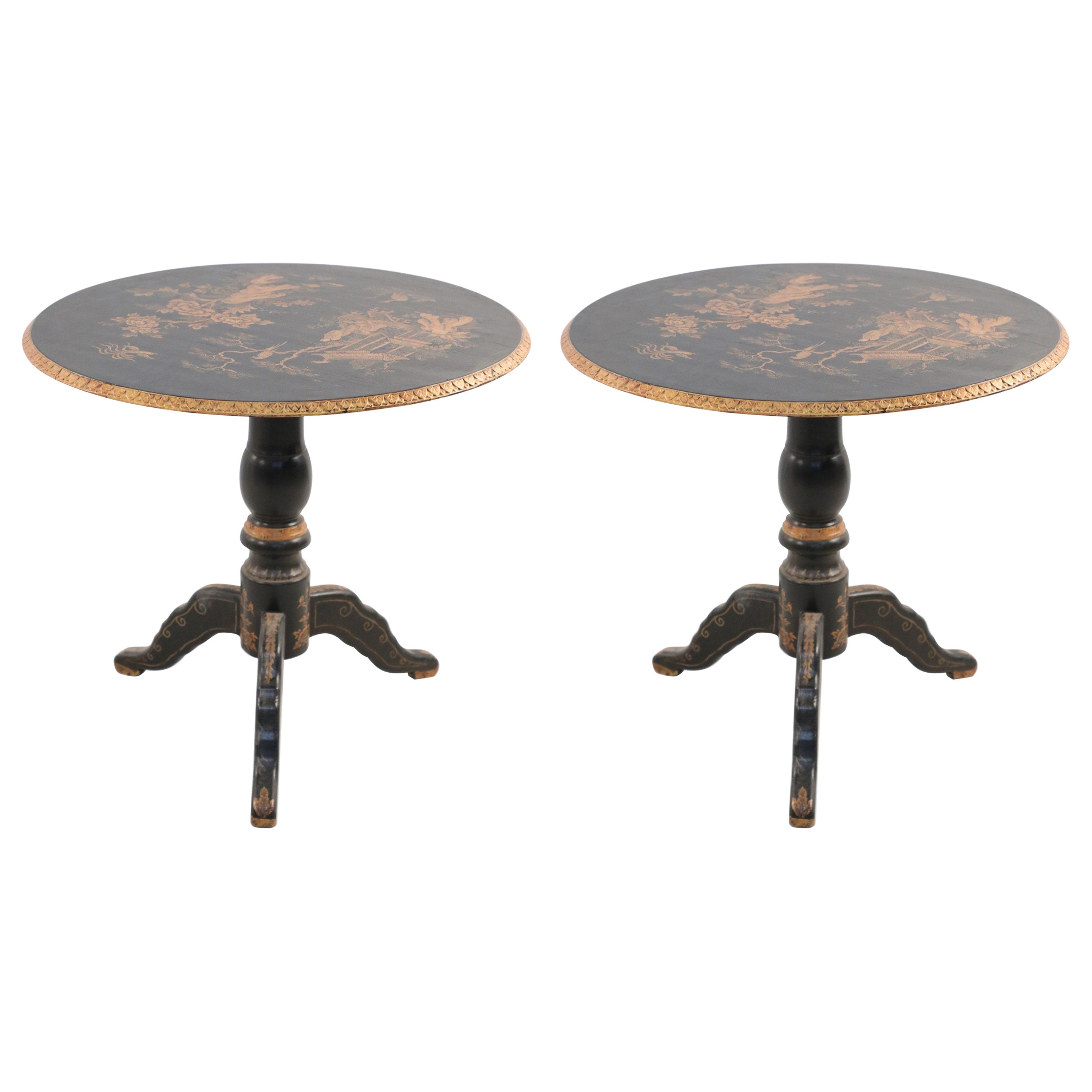 Pair of Contemporary Chinese Hand Painted Black and Gold Center Tables ...
