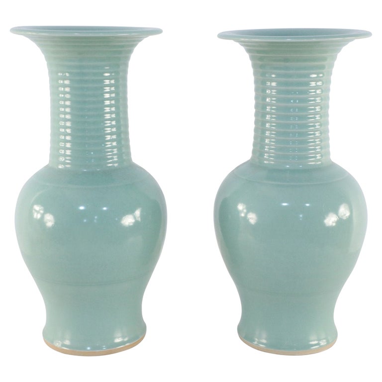 Pair of Chinese Celadon Revolving Pattern Porcelain Urns For Sale at ...