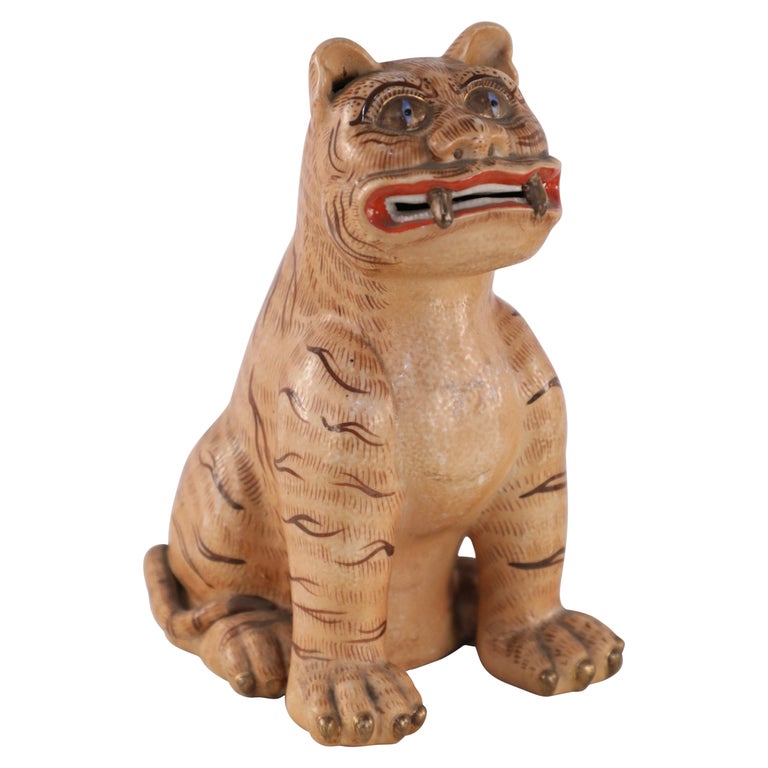 Chinese Macau Brown Porcelain Tiger Statue For Sale at 1stDibs