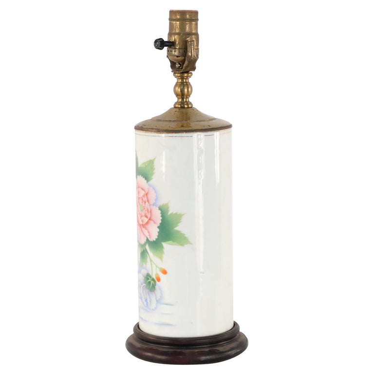Chinese White and Floral Column Porcelain Table Lamp For Sale at 1stDibs