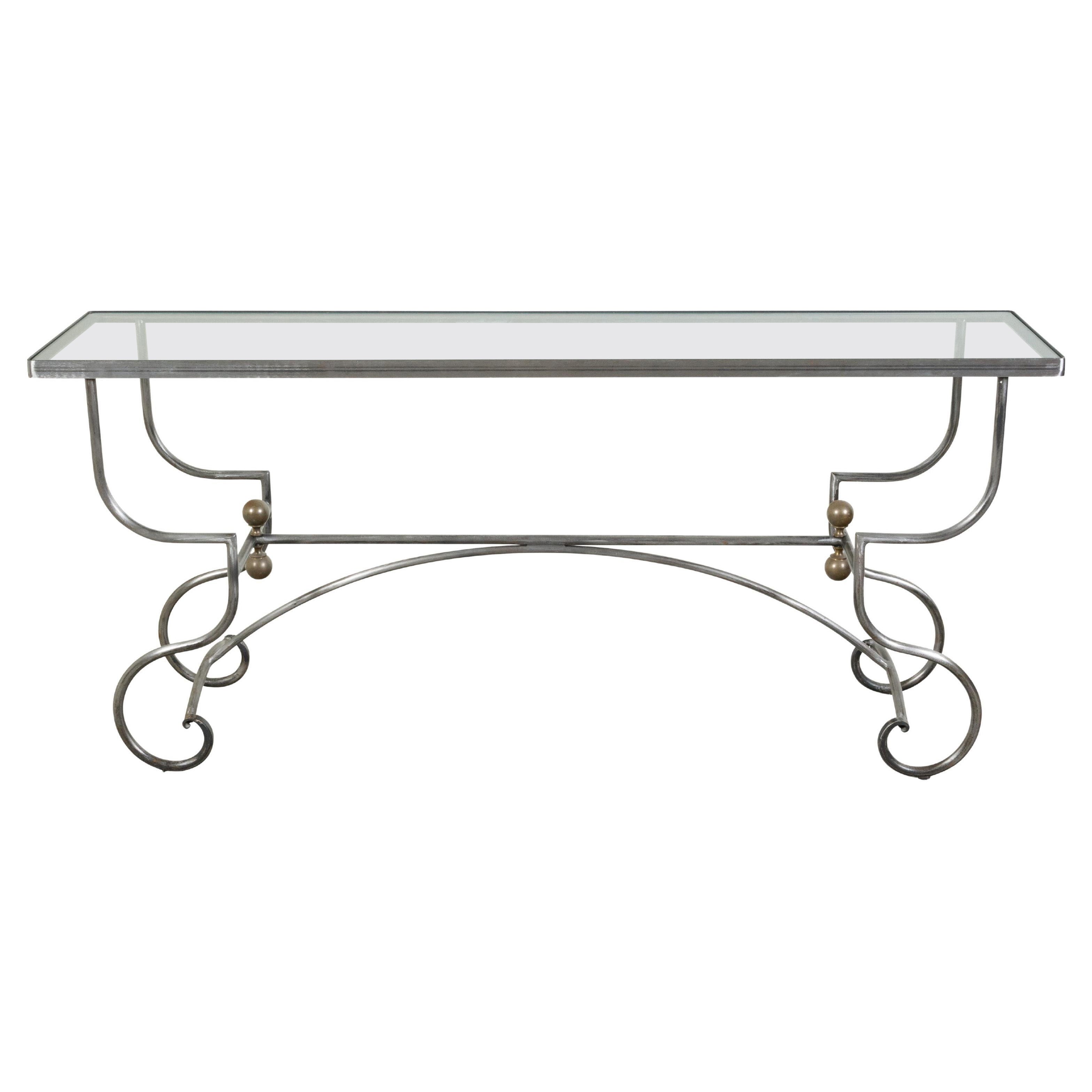 White Lacquered Scroll Glass Top Console Table For Sale at 1stDibs