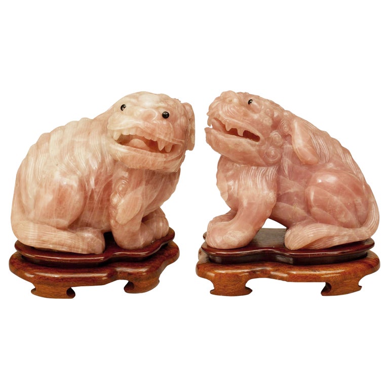 Pair of Chinese Rose Quartz Foo Dogs For Sale at 1stDibs