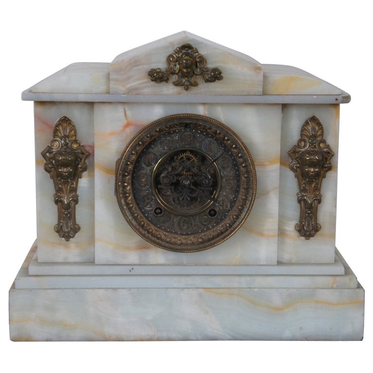 Antique Ansonia White Onyx Mantel Clock Brass Ormolu Caryatid Open ...