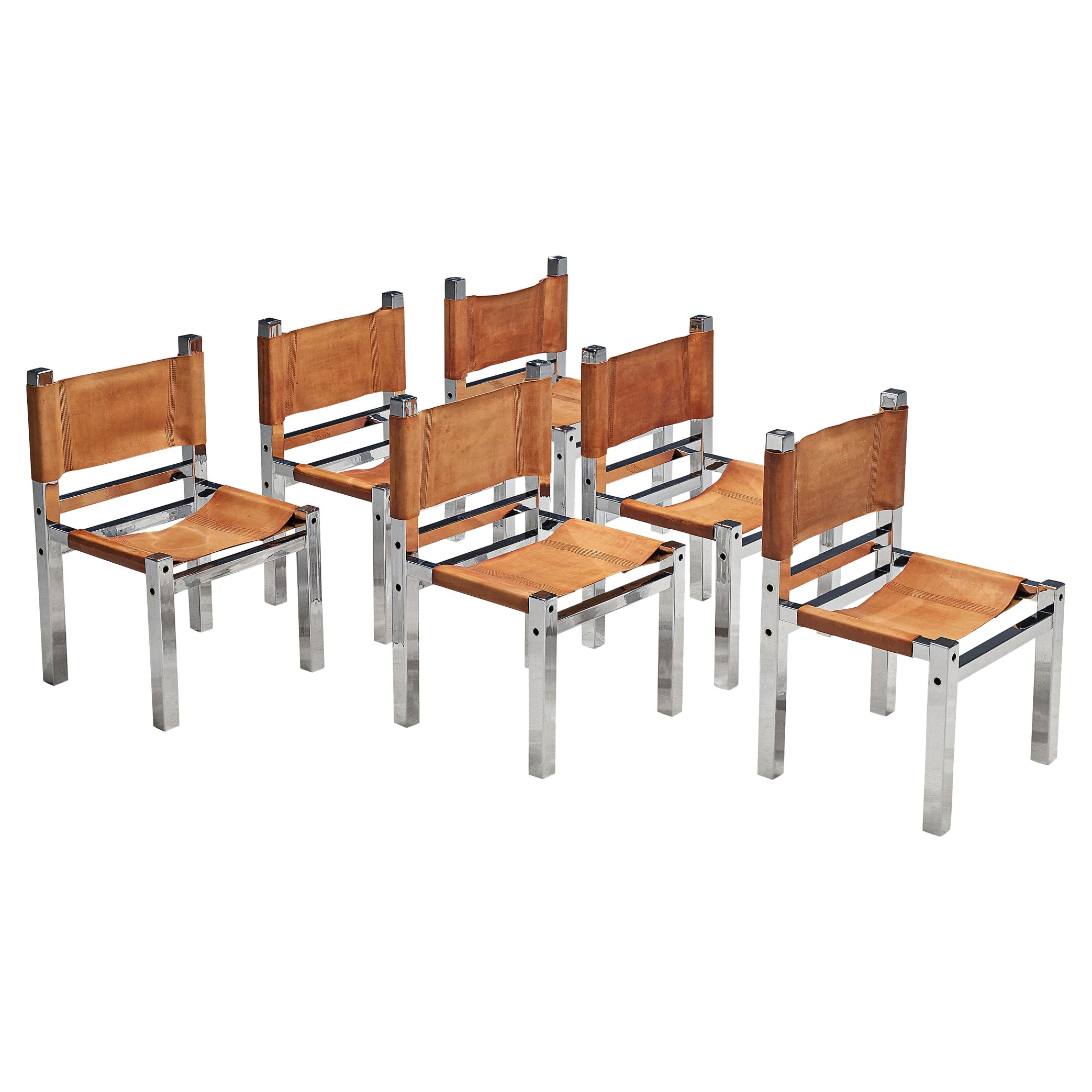 Set of Six Italian Dining Chairs in Chromed Metal and Cognac Leather at ...