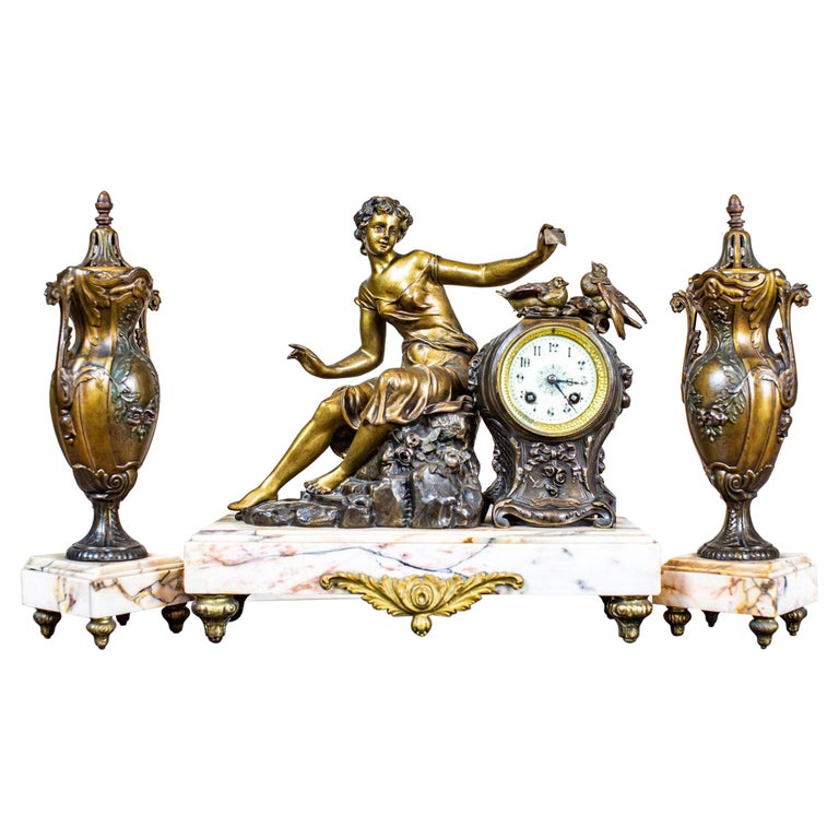Highly Decorative Mantel Clock Set from the Interwar Period with Marble ...