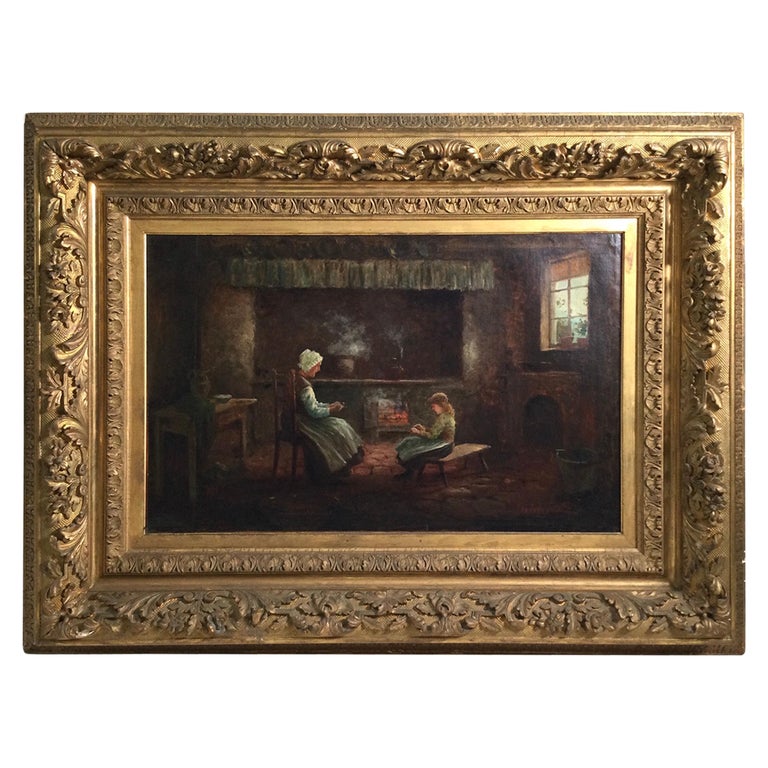 Large Oil on Canvas Interior Scene in Original Gilt Frame Signed ...