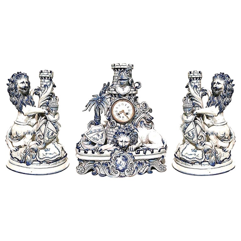 Set of 3 French Victorian Porcelain Lion Clock Set For Sale at 1stDibs