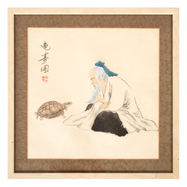 Vintage Japanese Drawing 'Old Man and Turtle' at 1stDibs