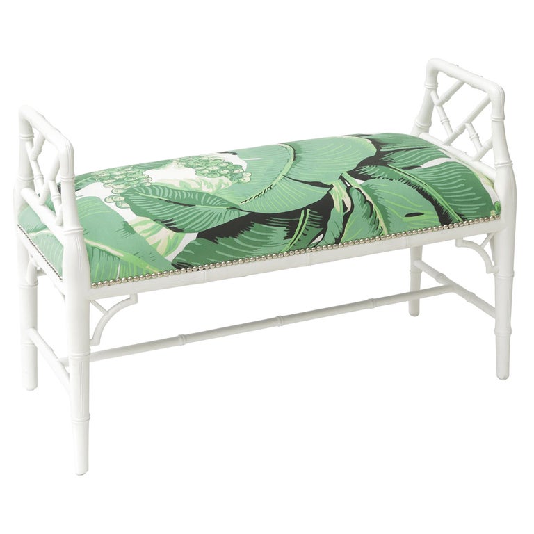 Vintage Painted Fretwork Bench in Banana Leaf Fabric For Sale at 1stDibs