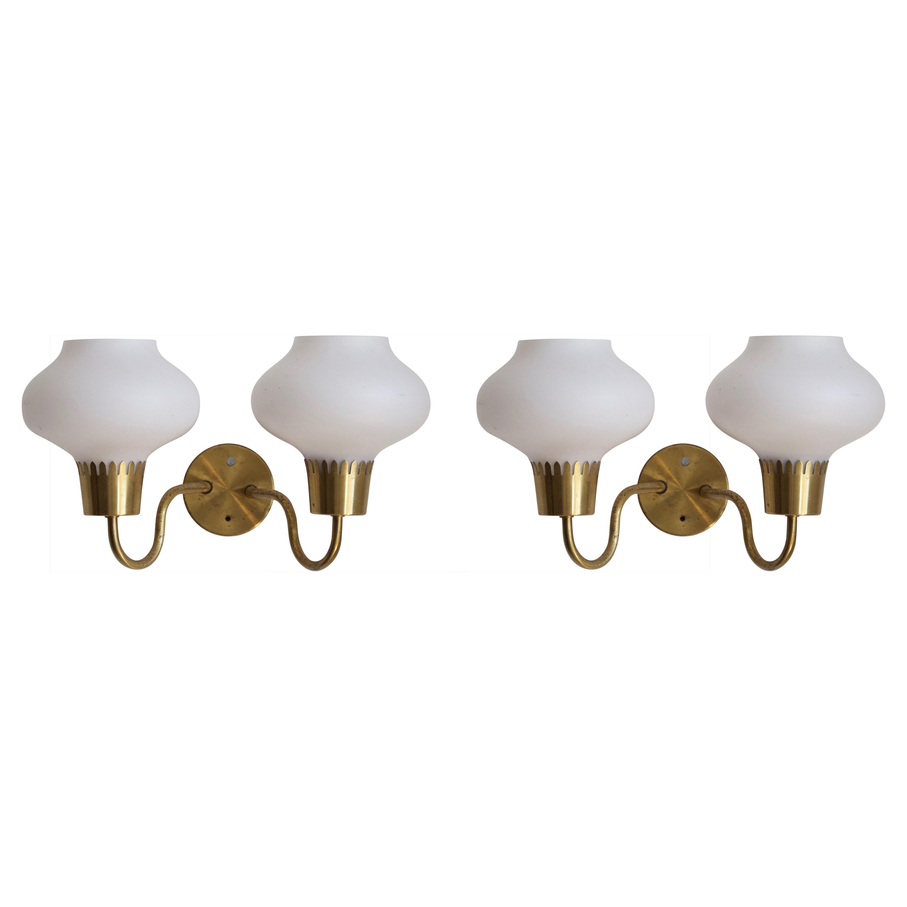 Lyfa, Pair of Two-Armed Wall Lights / Sconces, Brass, Milk Glass, Denmark, 1950s at 1stDibs