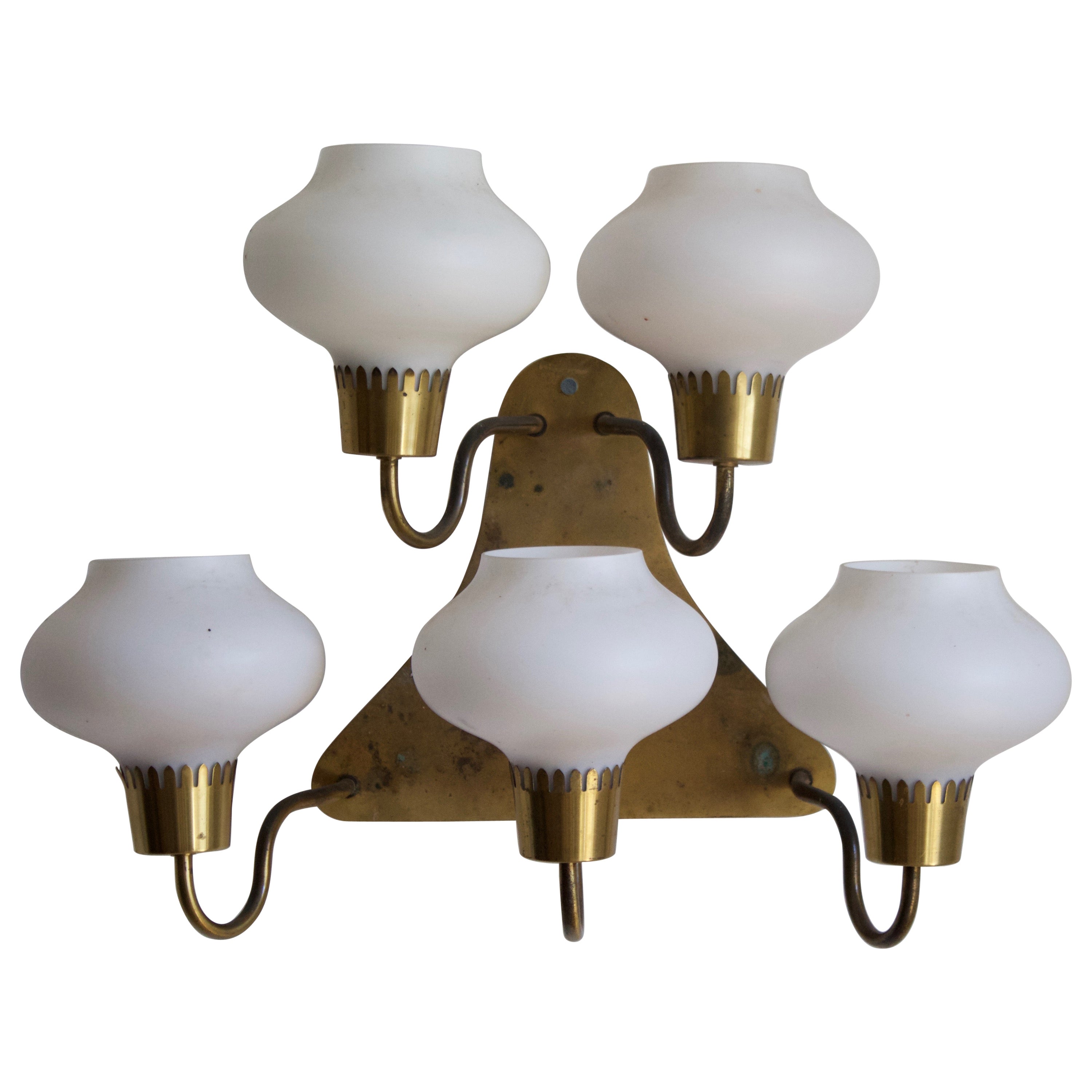 Lyfa, Pair of Two-Armed Wall Lights / Sconces, Brass, Milk Glass, Denmark, 1950s For Sale at 1stDibs