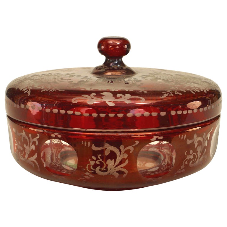 Pair of German Cranberry Etched Glass Boxes For Sale at 1stDibs