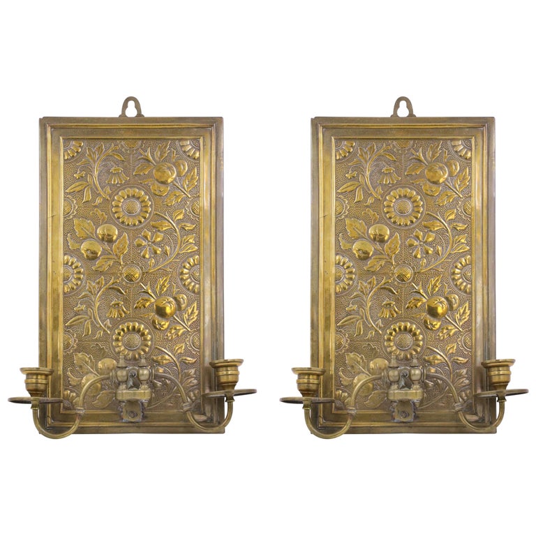 Pair of English Arts and Crafts Floral Embossed Brass Wall Sconces For ...