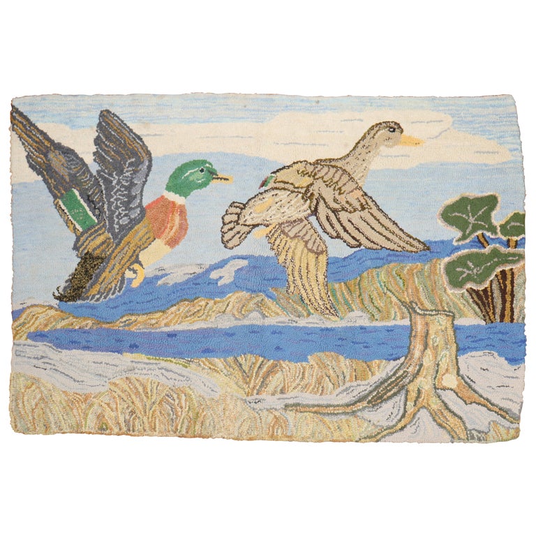 Scenic Duck American Hooked Pictorial Rug For Sale at 1stDibs