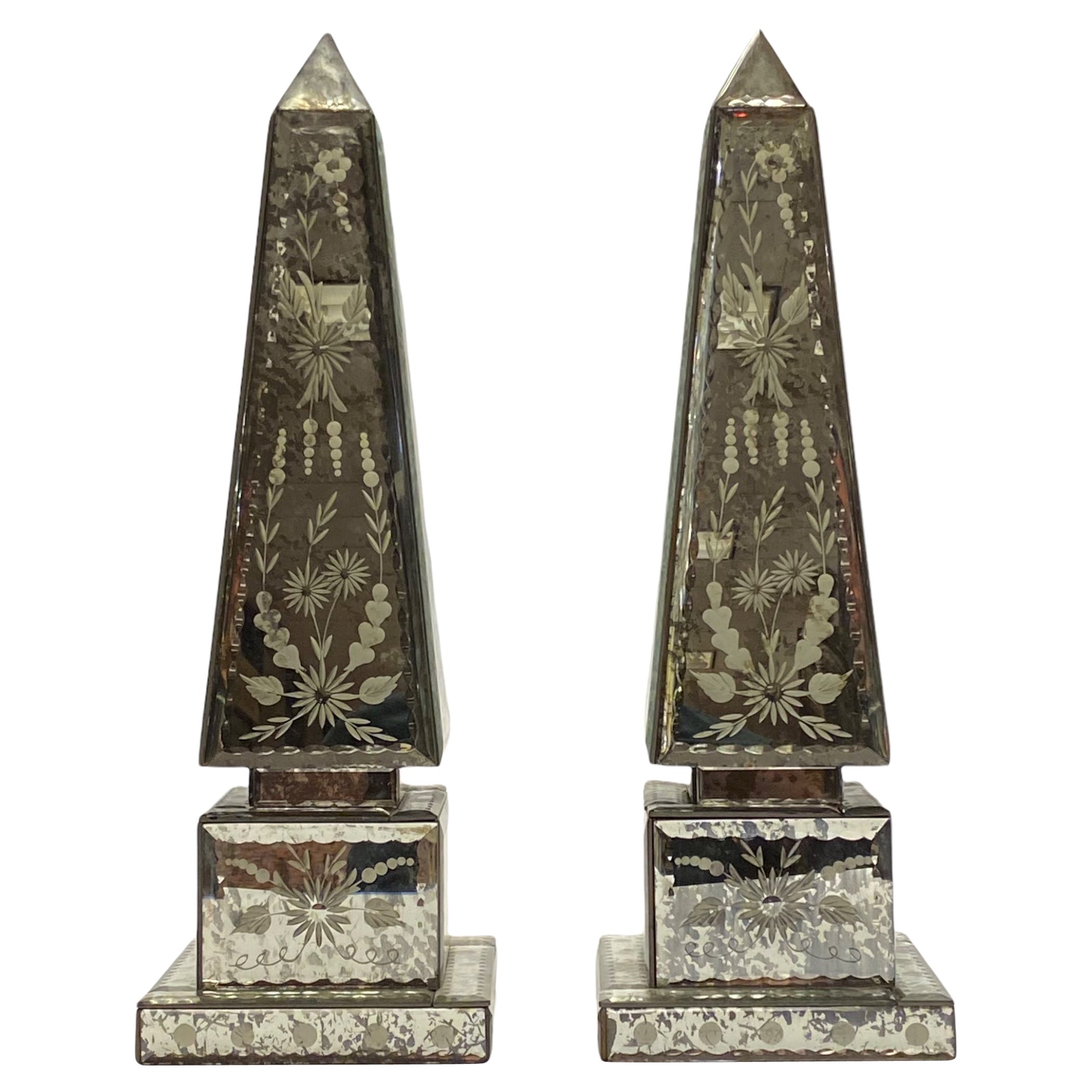 Pair of Engraved Glass Obelisks at 1stDibs