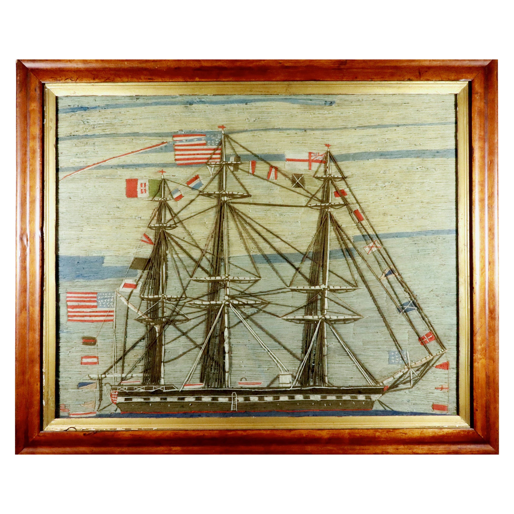 Sailor's Woolwork Woolie of Fully Dressed Ship with Coastal Village on ...