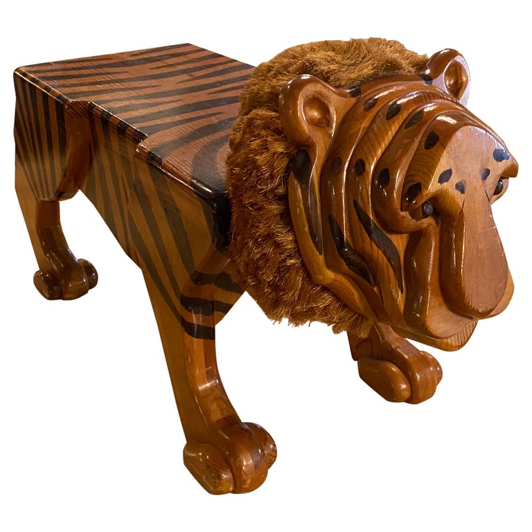 Vintage Wood Carved Tiger Footstool at 1stDibs