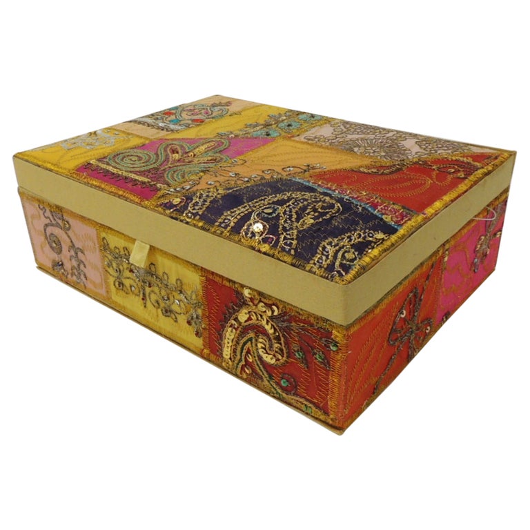Colorful Embroidered Textile Indian Decorative Box at 1stDibs