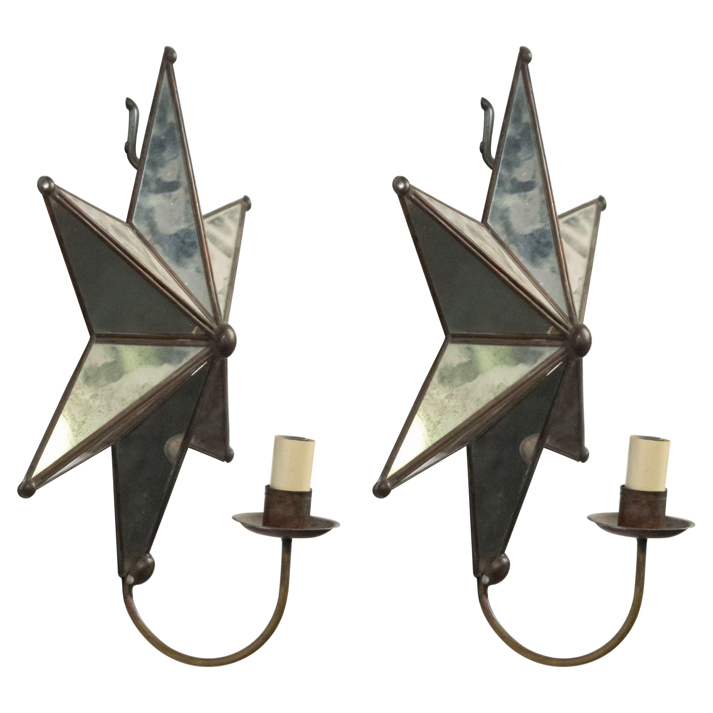 French Moderne Pair of Star Motif Brass Sconces For Sale at 1stDibs