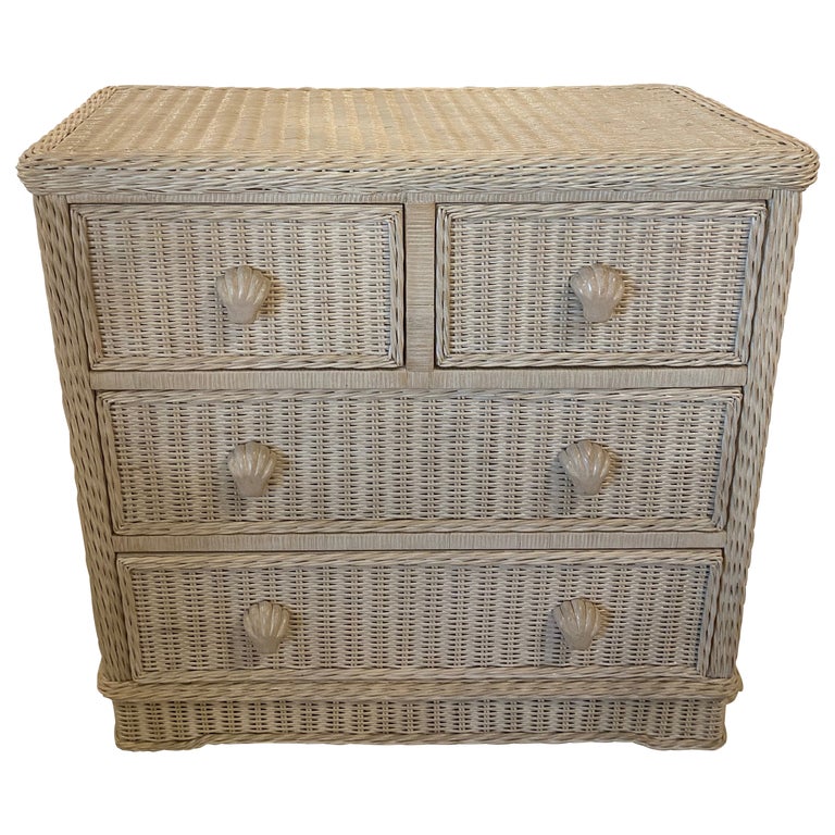 Vintage Palm Beach Wicker Chest of 4 Drawers Dresser Shell Pulls at ...