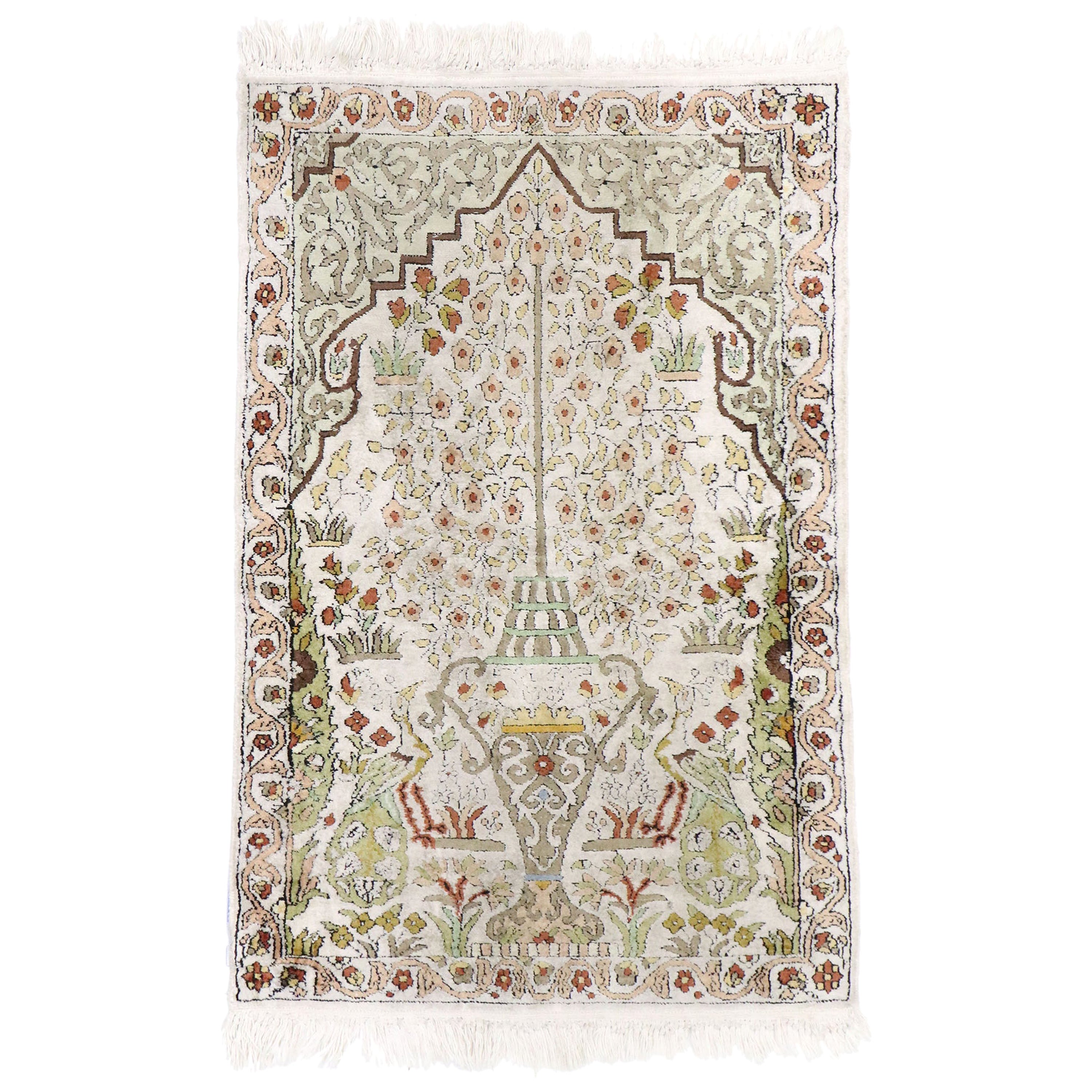 Vintage Persian Semnan Prayer Rug with Garden View For Sale at 1stDibs