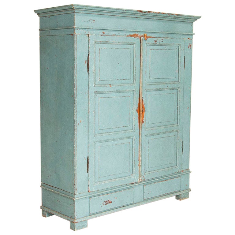 Large Antique Original Blue Painted Armoire, Denmark at 1stDibs