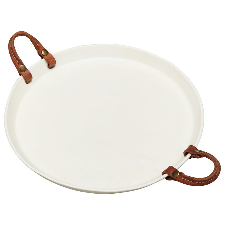 Handcrafted Round Porcelain Serving Tray Leather Handles For Sale at ...