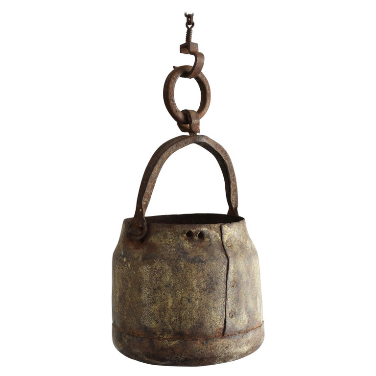 Japanese Old Iron Well Bucket and Chain / Hanging Cage / 19-20th ...