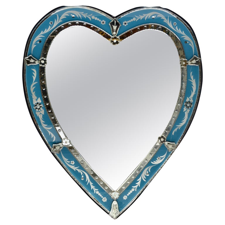 Venetian Heart Shaped Mirror with Etched Blue Glass Border at 1stDibs