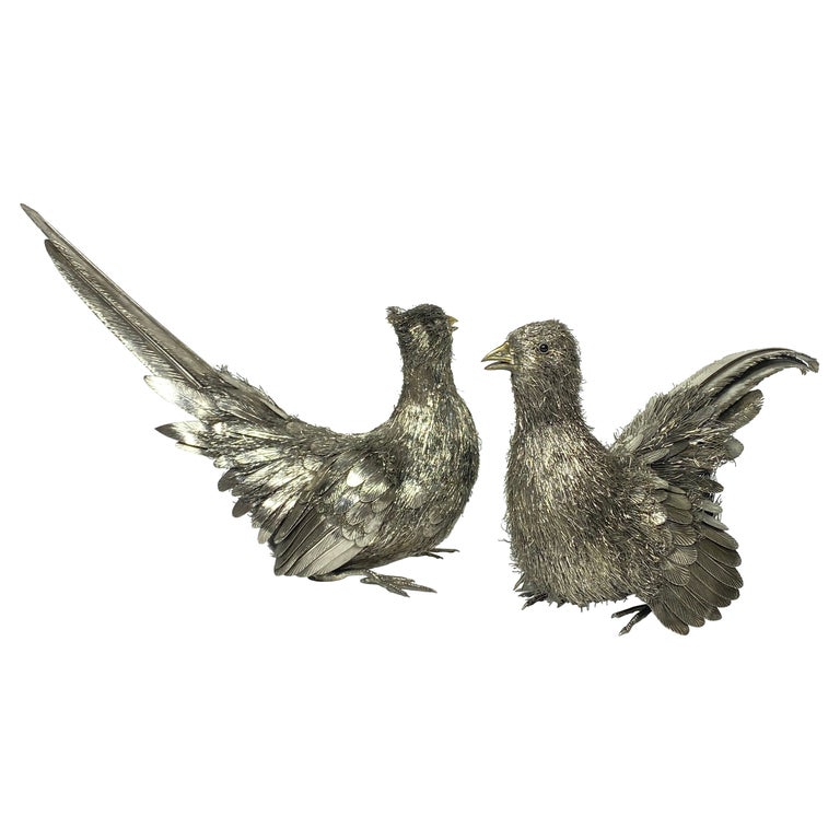 Pair of Italian Mario Buccellati Silver Furry Animals Pheasants, 1960’s ...