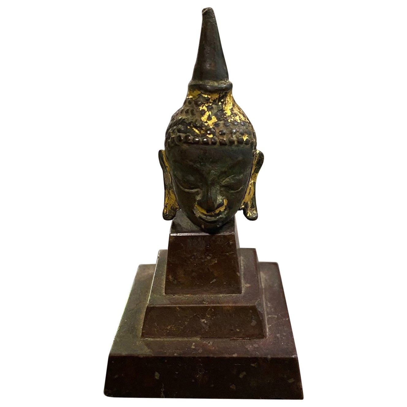 Bronze Buddha Head on Display Stand at 1stDibs